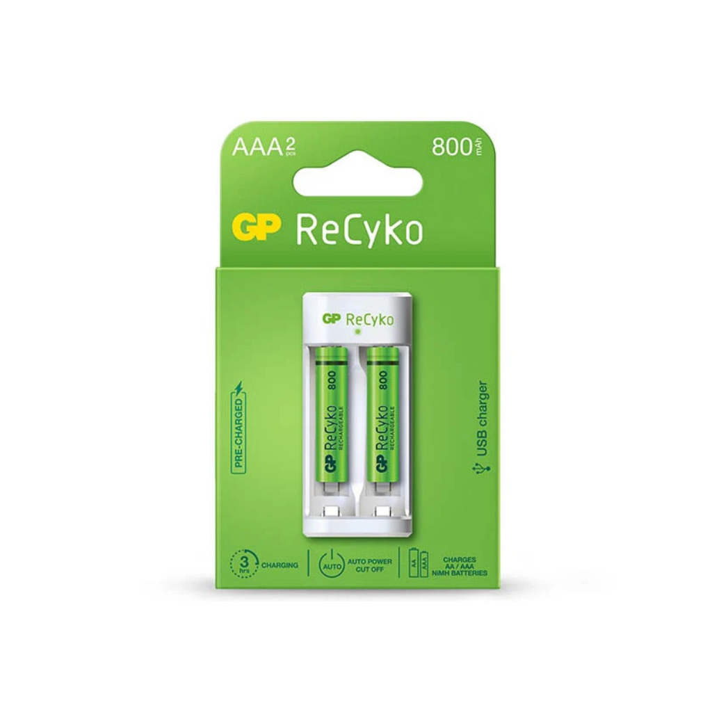 GP ReCyko Battery Charger with 2 × 800mAh AAA Batteries